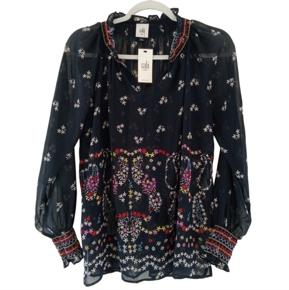 CAbi | Tops | Cabi Blue Sleeve Graphic Blouse With Mandarin Collar ...